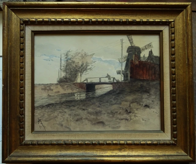 RARE AQUARELLE DE Frank Boggs de 1895 moulin.... Impressionniste USA ...