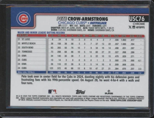 2025 TOPPS CHROME Update PETE CROW-ARMSTRONG Green Refractor /99 Cubs ...