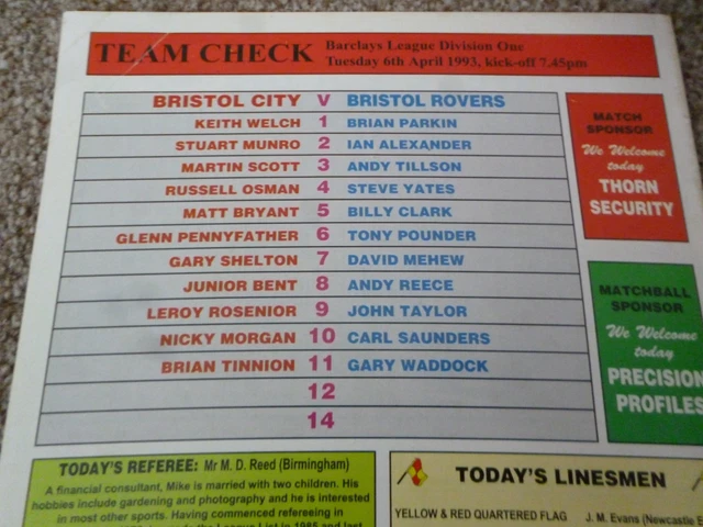 BRISTOL CITY V Bristol Rovers Tuesday 6Th April 1993 Barclays League ...