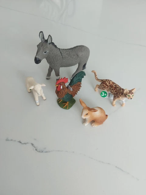 SCHLEICH FARM ANIMALS Bundle. Donkey, Lamb, Rabbit, Bengal Cat ...