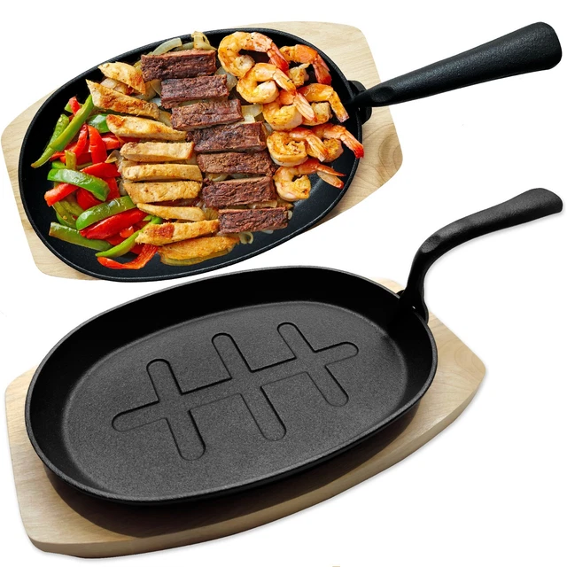 CAST IRON SKILLET Pan Sizzling Plate With Wooden Base BBQ Skillet Steak ...