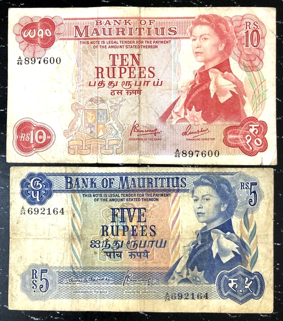 1967 MAURITIUS - Set Of 2 Notes - 5, 10 Rupees - Vf+ $44.07 - PicClick AU