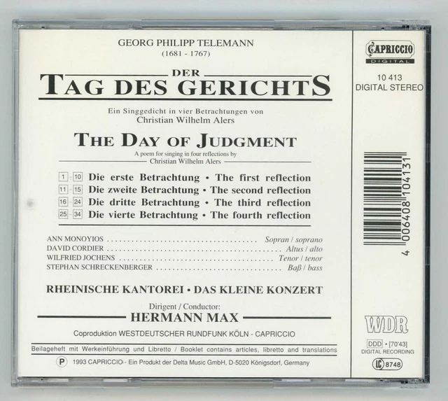 CD / TELEMANN Oratorio'S Judgment Day Hermann Max Et Al. Jacket Booklet ...
