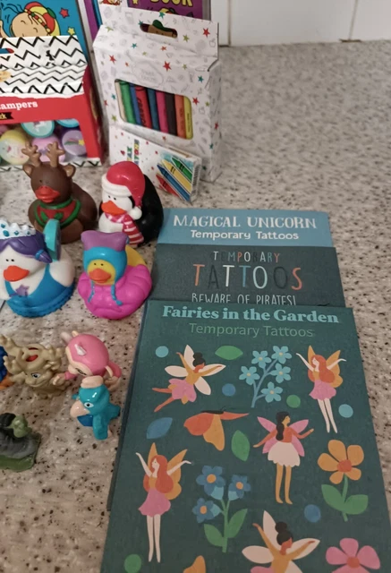 BOX OF NEW & Used Stocking Filler Toys Crayons, Tattoos, Stamps, Ducks ...