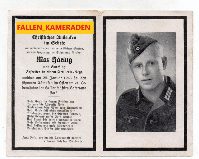 ORIGINAL GERMAN WW2 death Card MAX HARING Fell 28 jan 1943 Kastornoje ...