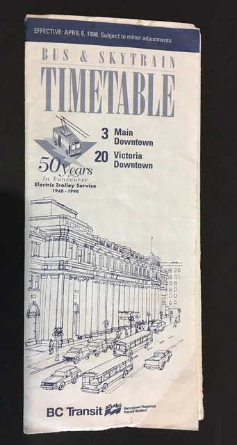 BC TRANSIT BUS & Skytrain Timetable 3 Main 20 Victoria April 6 1998 $12 ...