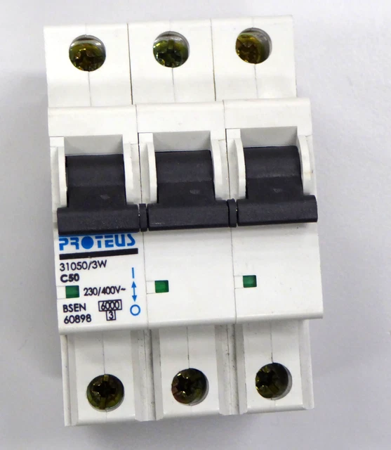 PROTEUS 50 AMP Triple Pole MCB Type C 50A 6kA C50 Circuit Breaker Din Rail £29.95 - PicClick UK