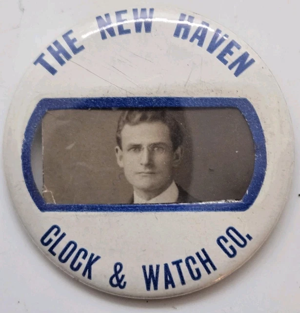 ANTIQUE NEW HAVEN CLOCK COMPANY Employee ID Photo Badge Pin - 2 1/8 ...
