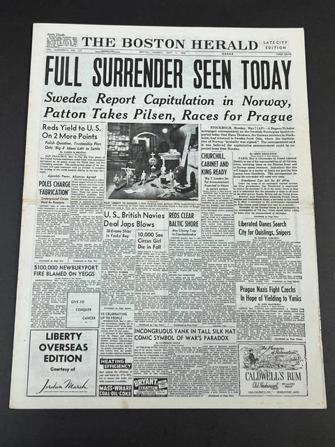 WW2 BOSTON HERALD Newspaper May 7 1945 Norway Surrender Patton Pilsen ...