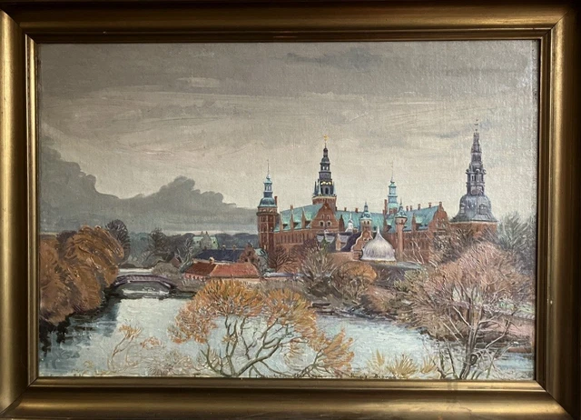 ANTIQUE OIL PAINTING Fredericksburg Castle 1933 By KNUD BRUNN DYBVAD ...