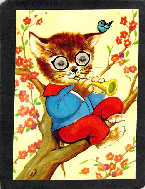 S0510 CUTE KITTEN Cat with Flute Horn 3D Lenticular Winky Eyes Kruger ...