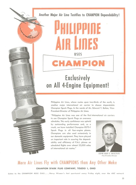 1950 CHAMPION SPARKPLUGS Ad Philippine Air Lines Vice President ... 1950 CHAMPION SPARKPLUGS Ad Philippine Air Lines Vice President ...