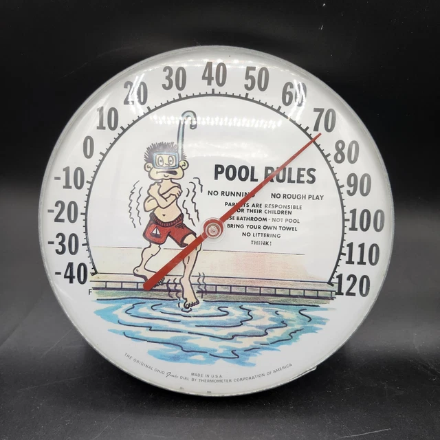 RARE VINTAGE ORIGINAL JUMBO DIAL POOL RULES THERMOMETER 12 Inches USA ...