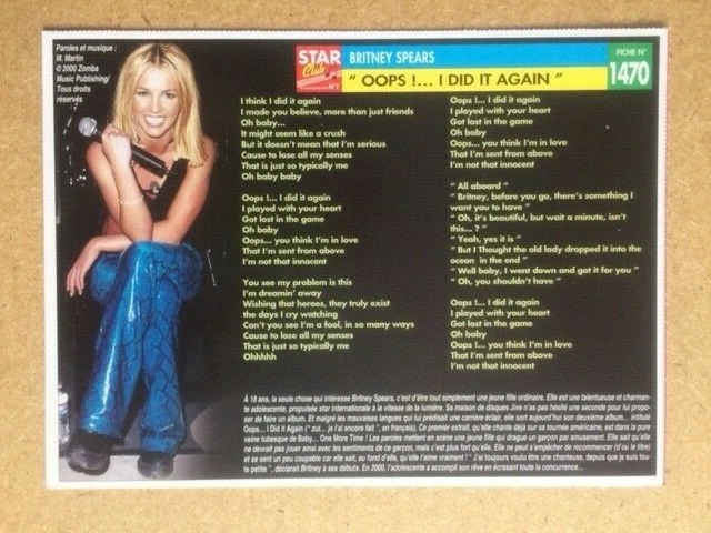 BRITNEY SPEARS ORIGINAL Vintage French Star Club Magazine Song Lyrics ...