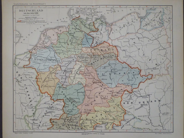 MAP OF GERMANY around the year 1000, with register, Meyer 1896 £8.47 ...
