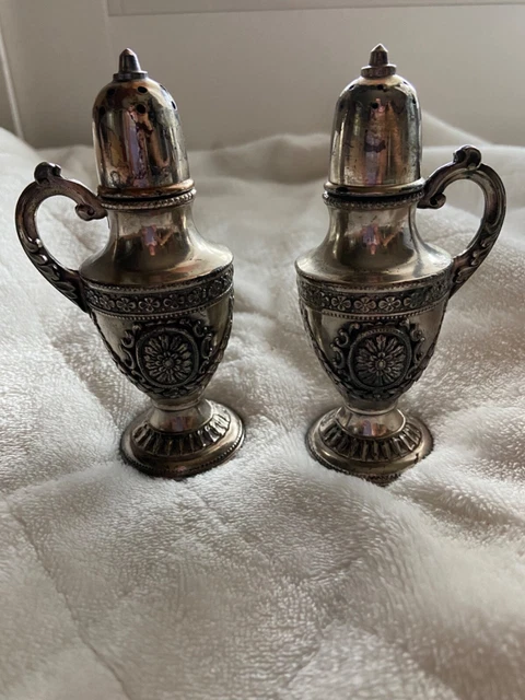 VINTAGE PATINA HOLIDAY Imports Silver Plate Japan Handled Salt & Pepper ...
