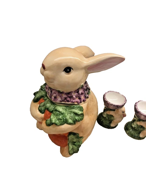 HARRY & DAVID Bunny Cookie Jar Carrot Easter Rabbit Vtg & 6 Egg Cups ...
