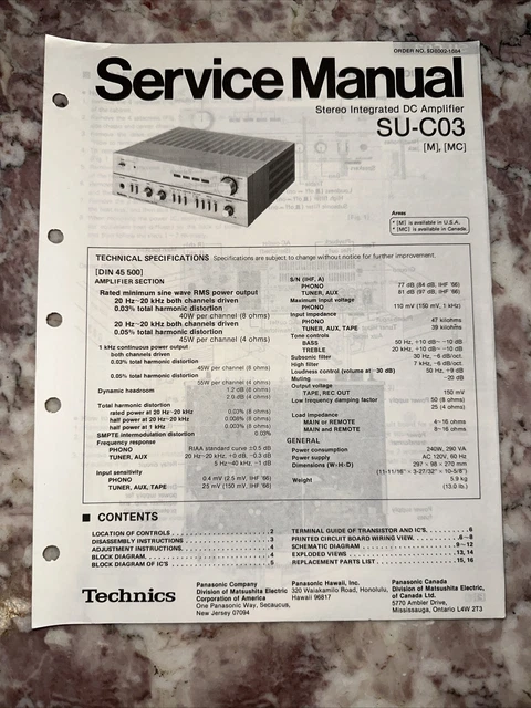 TECHNICS SU-C03 STEREO Integrated DC Amplifier Service Manual *Original ...