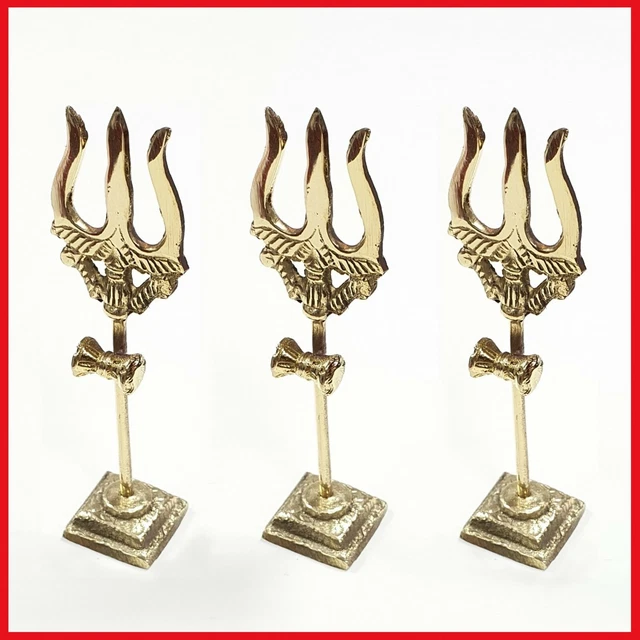 3 X LORD Shiva Brass standing Trishul ( Trident ) with attached Damaru ...