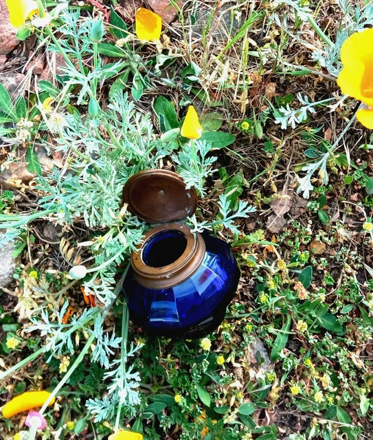 ANCIEN ENCRIER VINTAGE en verre bleu cobalt & bronze EUR 39,00 ...