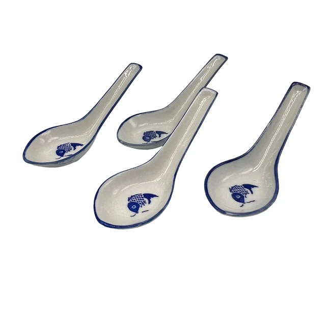 CHINESE WONTON SOUP Spoon Blue & White Koi Fish Hand Painted Vintage ...