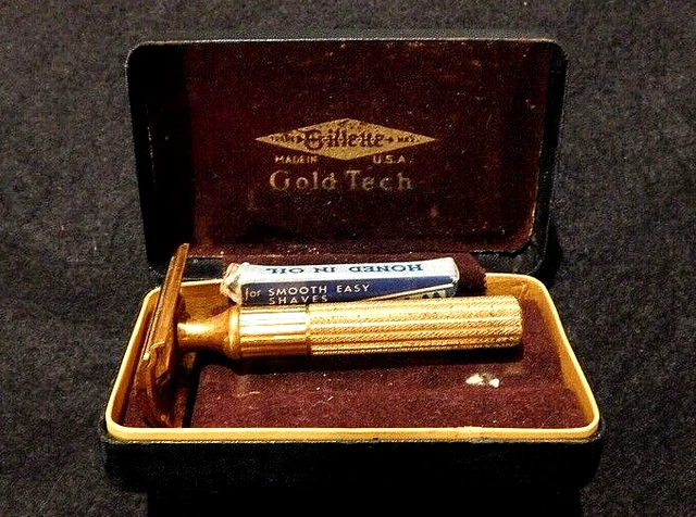VINTAGE GILLETTE GOLD Tech Razor with Original Box & Waltham Blades n ...