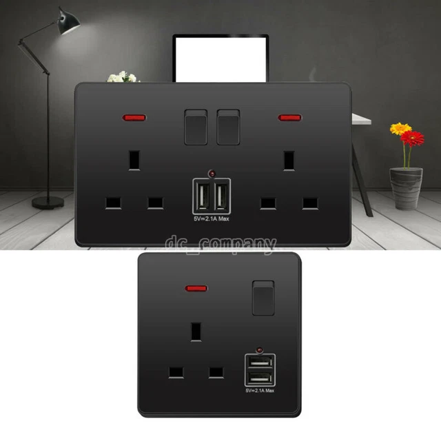 DOUBLE WALL PLUG Socket 2 Gang 13A w/ 2 USB Charger Port Outlets Black ...