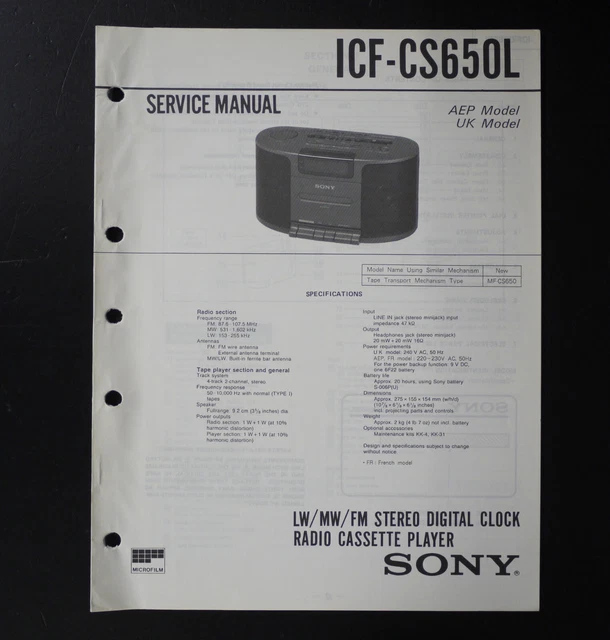 ORIGINAL SONY ICF-CS650L HiFi-Clock-System Service Manual /Service ...