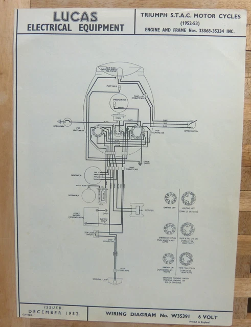 ORIGINAL LUCAS TRIUMPH 5 T.A.C. Wiring Diagram (Early) 1952-53 W35391 £ ...