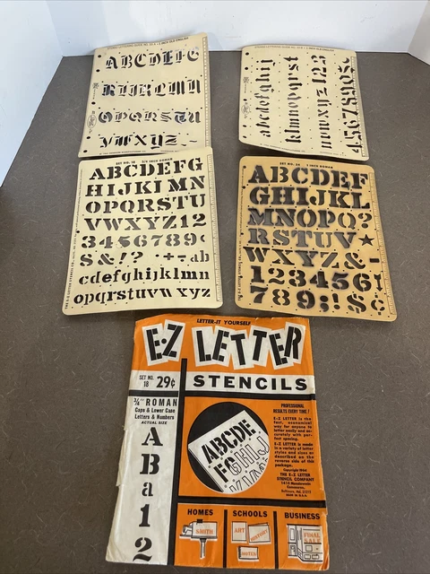 VINTAGE E-Z LETTER Co. Stencil Lettering Guides Letters & Numbers Roman ...