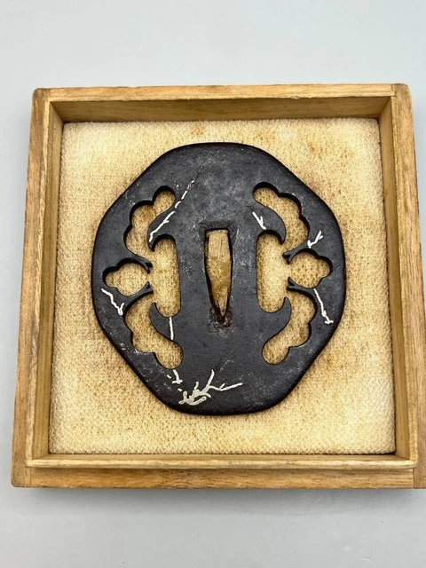 ANCIEN FER À repasser Tsuba Edo incrustation de ruban OpenWork avec ...