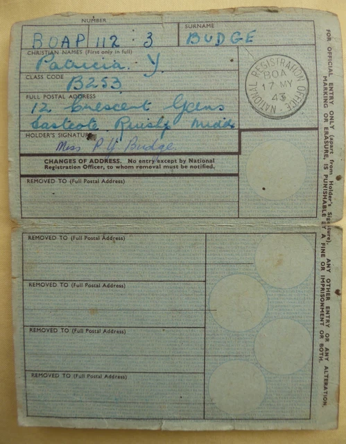 NATIONAL REGISTRATION IDENTITY Card From 1940'S - Worn Condition £5.45 ...