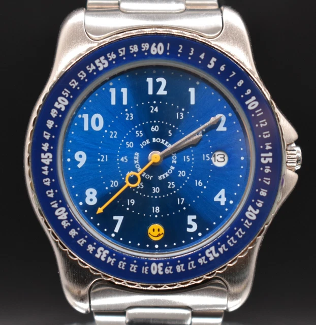 OROLOGIO VINTAGE JOE BOXER Smiley Face Uomo Quadrante Data Blu Raro ...