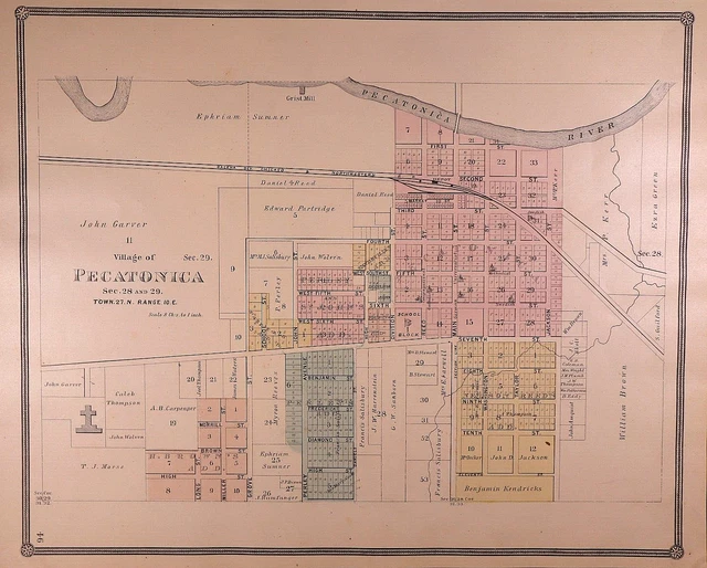 1886 MAP ~ VILLAGE of PECATONICA, BOONE Co., IL / WINNEBAGO on Reverse ...