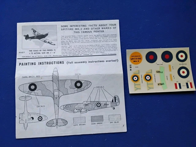 SUPERMARINE SPITFIRE MK 2, Water Slide Decals/ Instructions/History ...