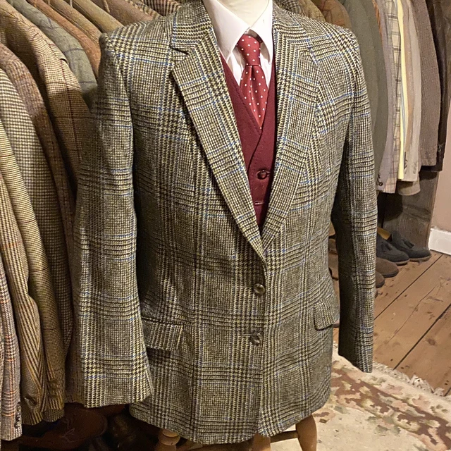 VINTAGE TWEED CHECK Suit Jacket Blazer Brown Country Wool Hebden Cord L ...