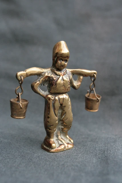 ANTIQUE BRASS FIGURINE of a Milk Maid With Buckets on Yolk 8cm Tall ...