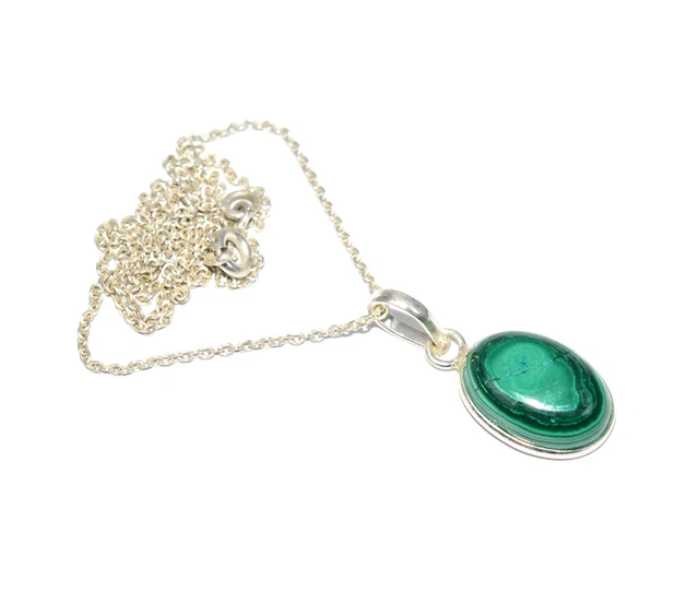 925 SOLID STERLING Silver Green Malachite Chain Pendant - 17 Inch H505 ...