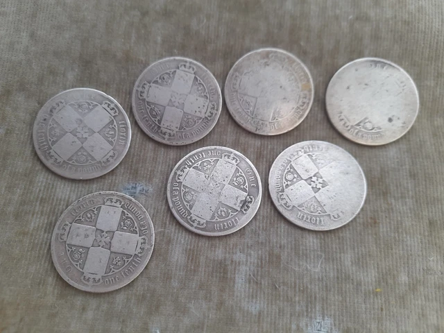 GOTHIC FLORINS X 7 ,one tenth of a pound well worn silver coins ...