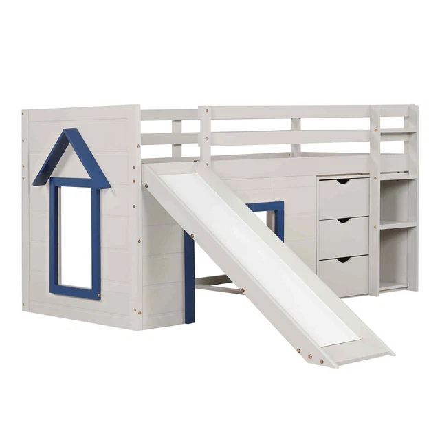 COSTWAY LOFT BED Single Size Pine Wood Low Loft Bed Frame w/Game House ...