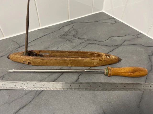 VINTGE SHUTTLE LOOM 14" Antique Wooden Bobbin Steel Tips & 17”Rope ...