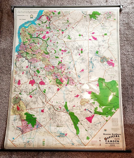 HUGE VINTAGE HEARNE Bros Pull-Down Classroom Wall Map Camden County ...