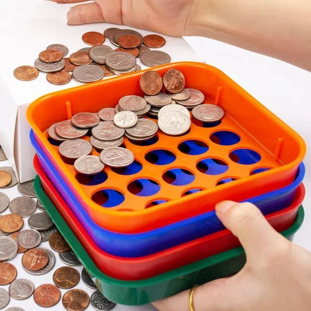 4 COLOR-CODED COIN Sorting Trays Counter Classification Sieve For ...