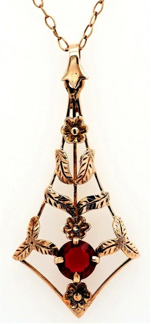 VINTAGE 9CT YELLOW Gold & Red Paste Pendant with Fine Cable Link Chain ...