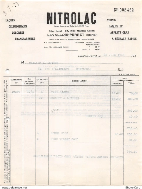 1933 Facture Nitrolac A Levallois Perret-M.lourtioux A Montlucon EUR 10 ...