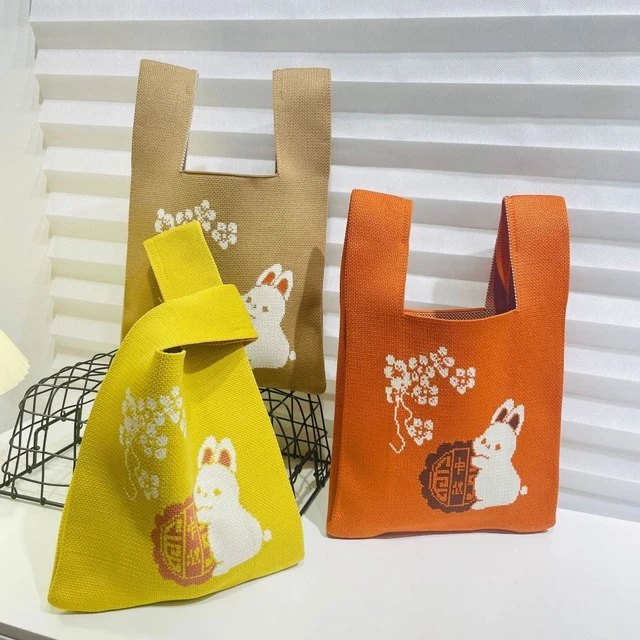 CARTOON KNOT WRIST Bag Moon Rabbit Tote Bag Handmade Knit Handbag Women ...