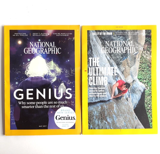 NATIONAL GEOGRAPHIC MAGAZINE, 2 Issues, Genius, Alex Honnold, May 2017 ...