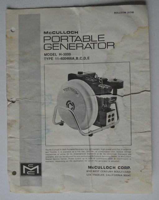 MCCULLOCH PORTABLE GENERATOR Model H-3000 Type 11-400466A B C D E ...
