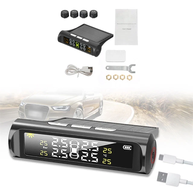 4 SENSOR SOLAR Wireless TPMS Car Tire Tyre Pressure System Monitoring ...