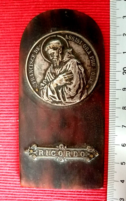 ANTICA PLACCA RICORDO su bachelite S. Francisce De Assisi Ora Pro Nobis ...